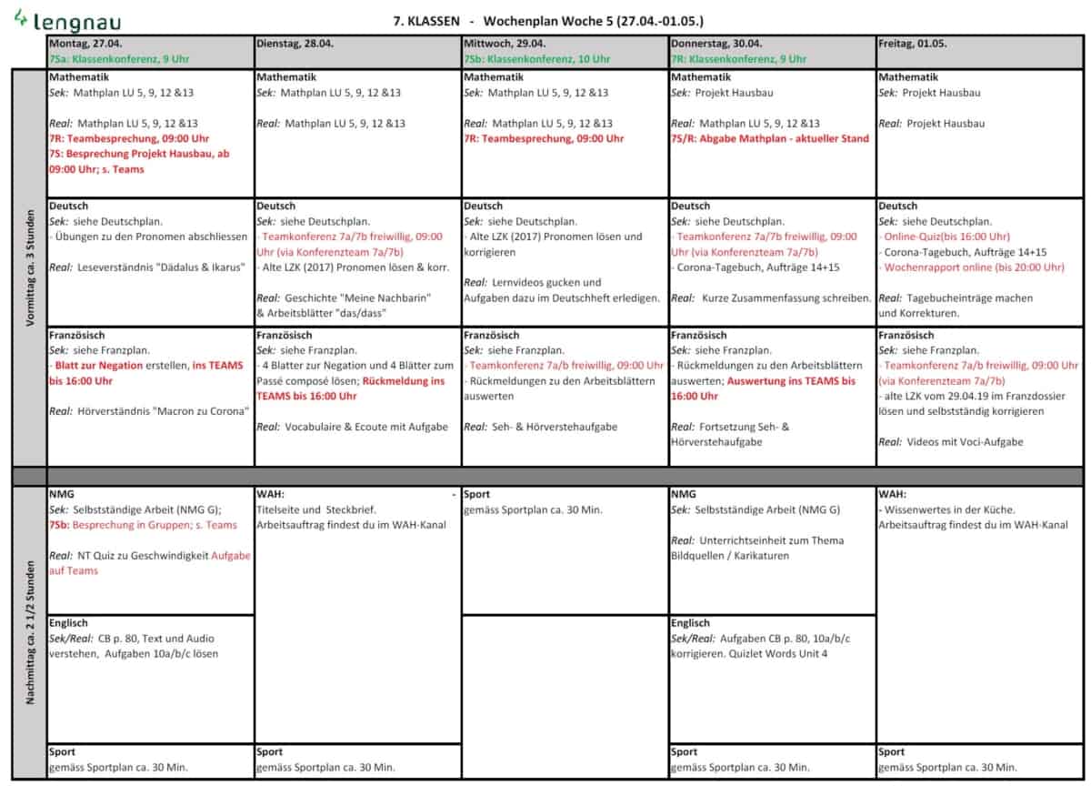 Wochenplan Woche 5 (27.04.-01.05.) | Schule Lengnau BE
